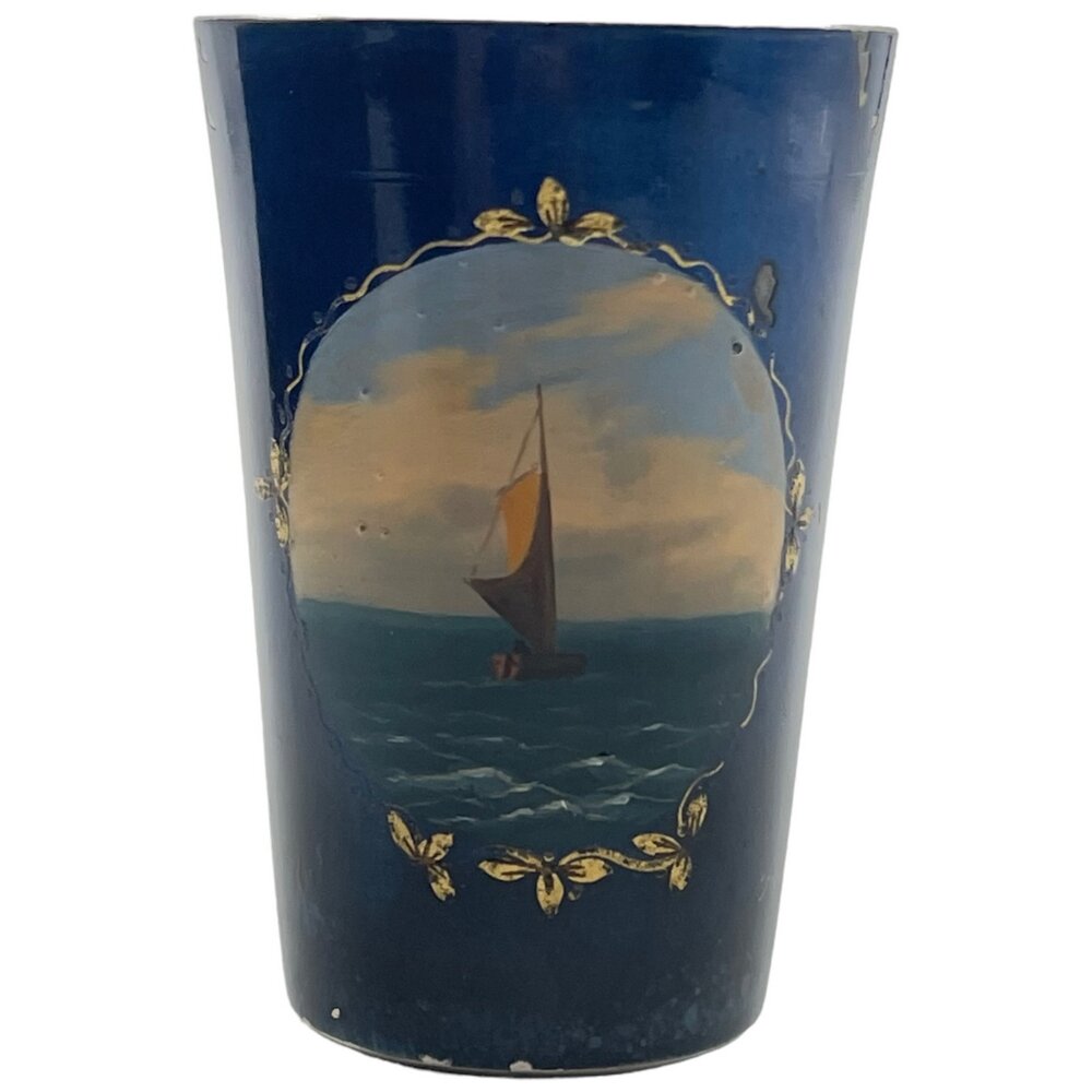 Серебряная стопка "Парусник", 0.875 проба, лаковая миниатюра, позолота, 1963 г, РЮ3, г. Рига, СССР