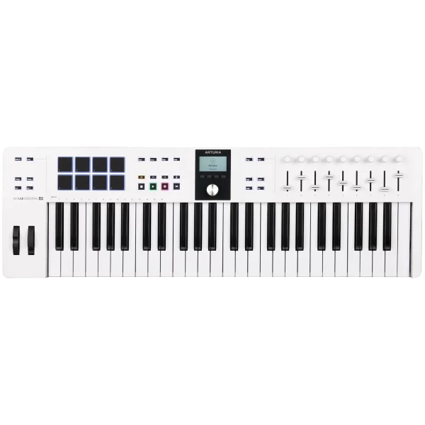 MIDI клавиатура [231521] Arturia [KeyLab Essential 49 mk3 White] 49 клавиш, LCD дисплей, 9 энкодеров, 8 пэдов, 9 фейдеров, 12 кнопок управления, колеса высоты тона и модуляции, 1/4" Jack вход для педали, MIDI выход, Type-C