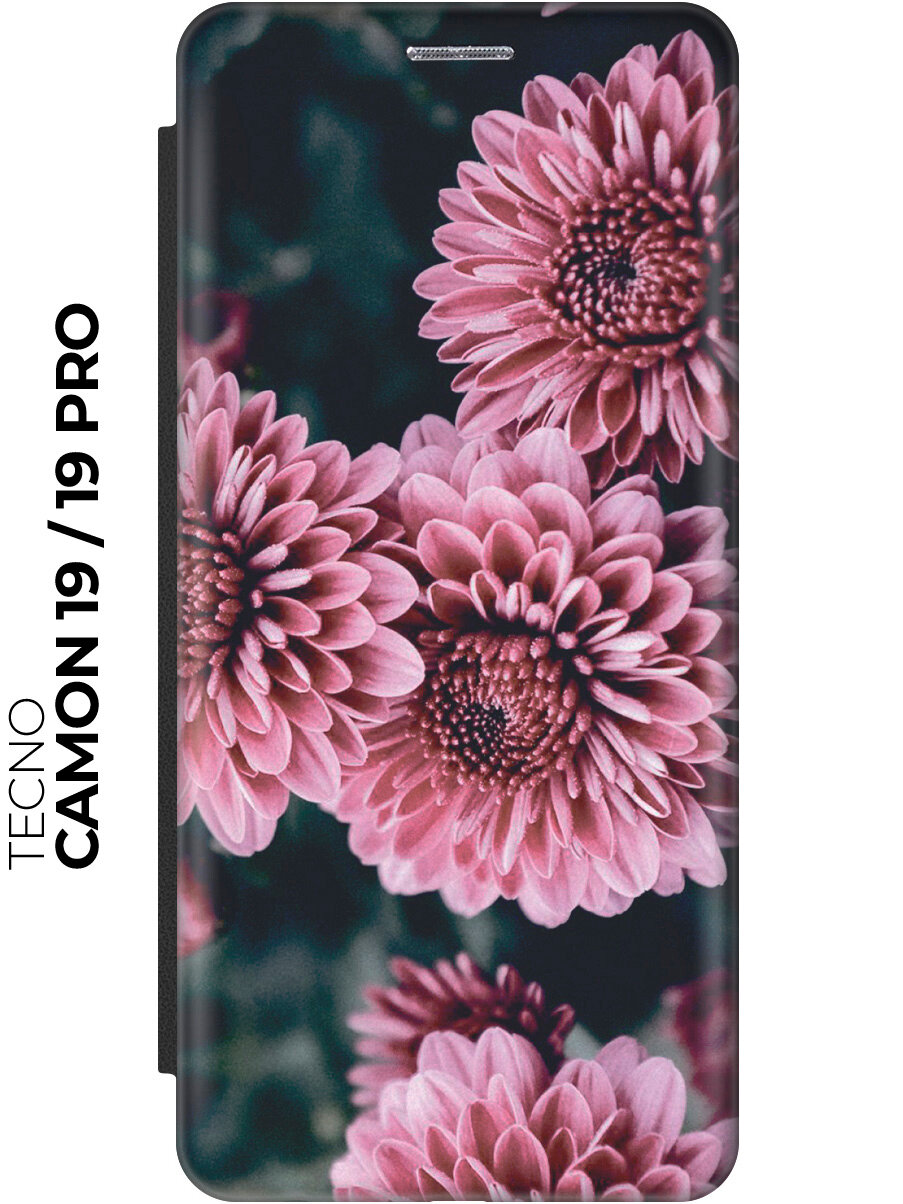 Чехол-книжка на Tecno Camon 19 / 19 Pro / Техно Камон 19 / 19 Про с рисунком "Нежные розовые астры" черный
