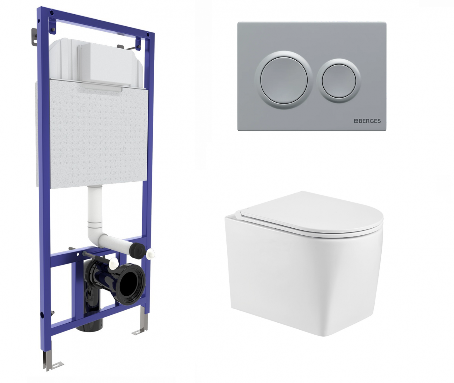 Комплект 3 в 1 инсталляция Berges Novum O2 + Унитаз подвесной WeltWasser Nesenbach 004 GL-WT с кнопкой матовой хром