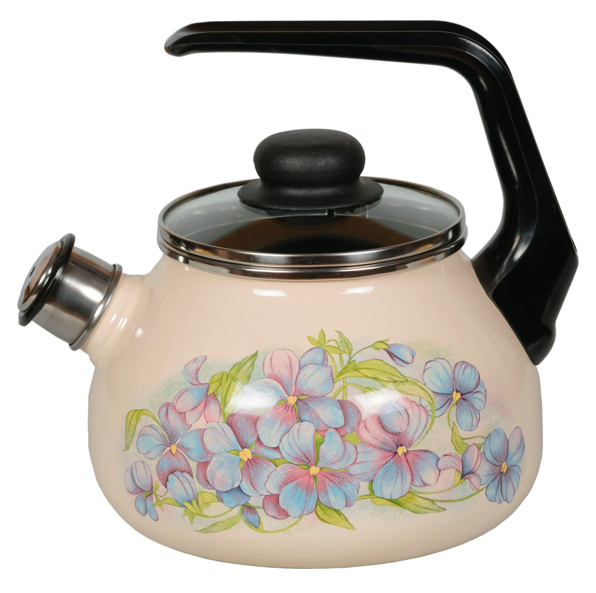 Чайник СтальЭмаль Фиалка со свистком, из эмалированной стали, светло-бежевый, 2л / кухонная посуда для всех типов плиты