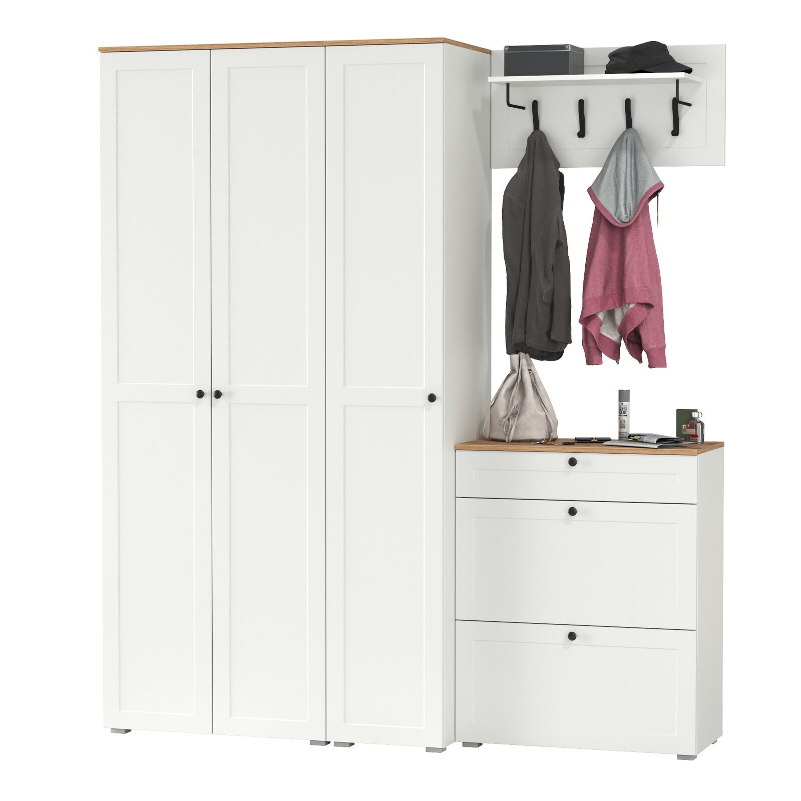 Шкаф для одежды с обувницей и пенал с навесной вешалкой с крючками Остин цвет белый шагрень/дуб крафт золотой