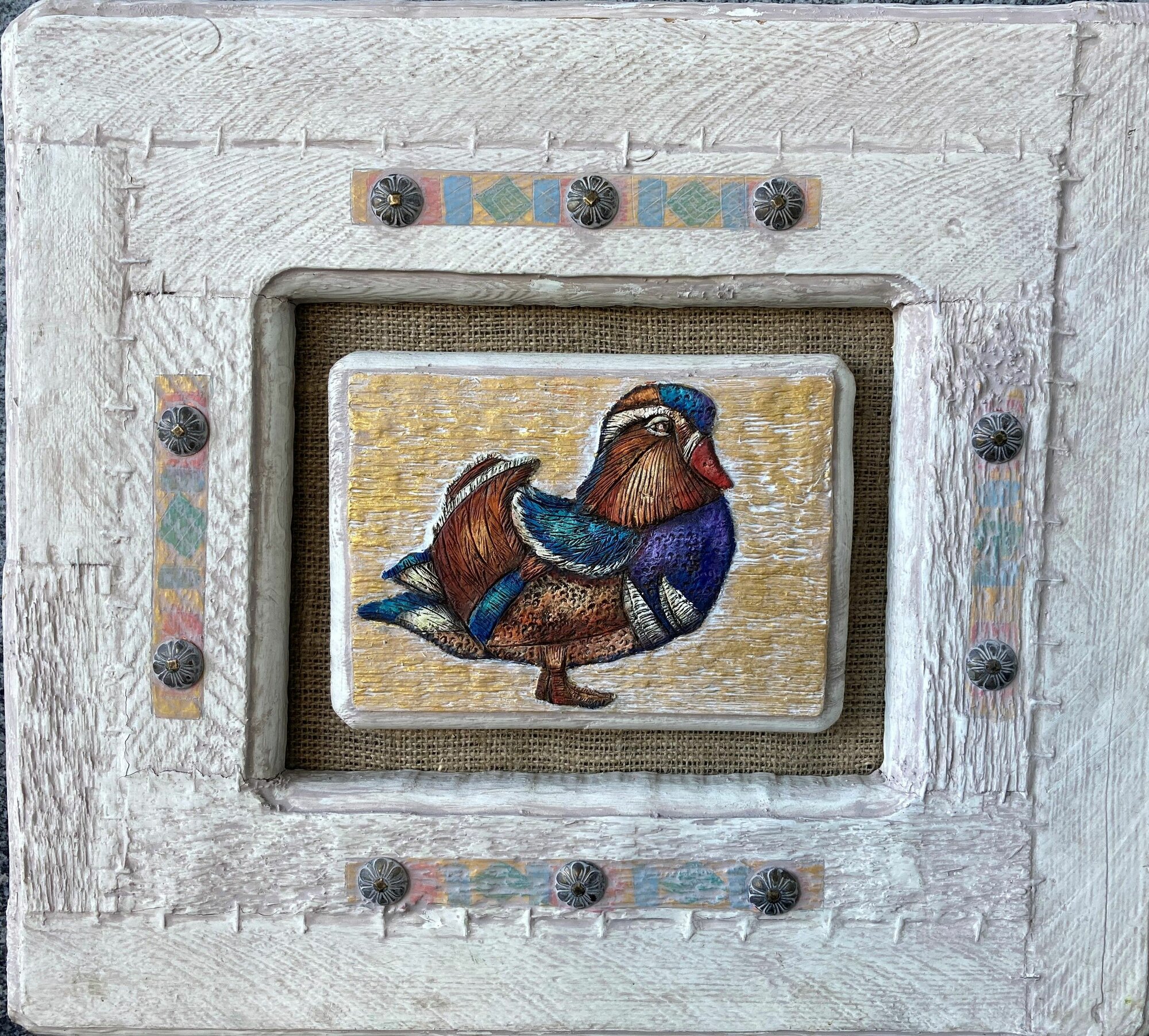 Панно "Мандаринка" 40х44 см; керамическое панно. смешанная техника; холст; дерево;