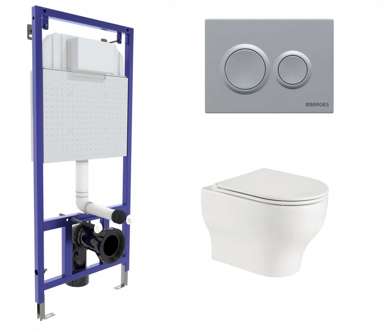 Комплект 3 в 1 инсталляция Berges Novum O2 + Подвесной унитаз WeltWasser Erlenbach 004 GL-WT с кнопкой матовой хром