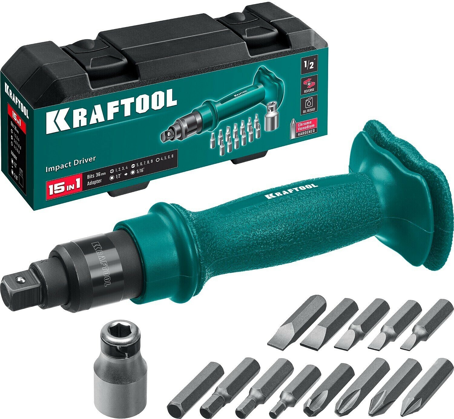KRAFTOOL ID-15, 15 предм, ударно-поворотная отвертка (25550-Н10)