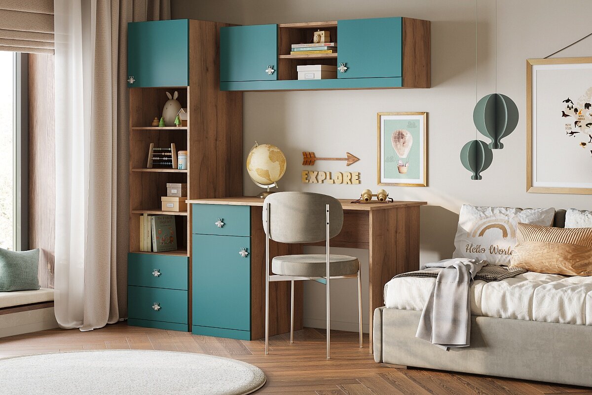 Детская стенка МебельЛэнд24 Скарабей - 9 МДФ Аквамарин 165x60x210 синий со шкафом со столом