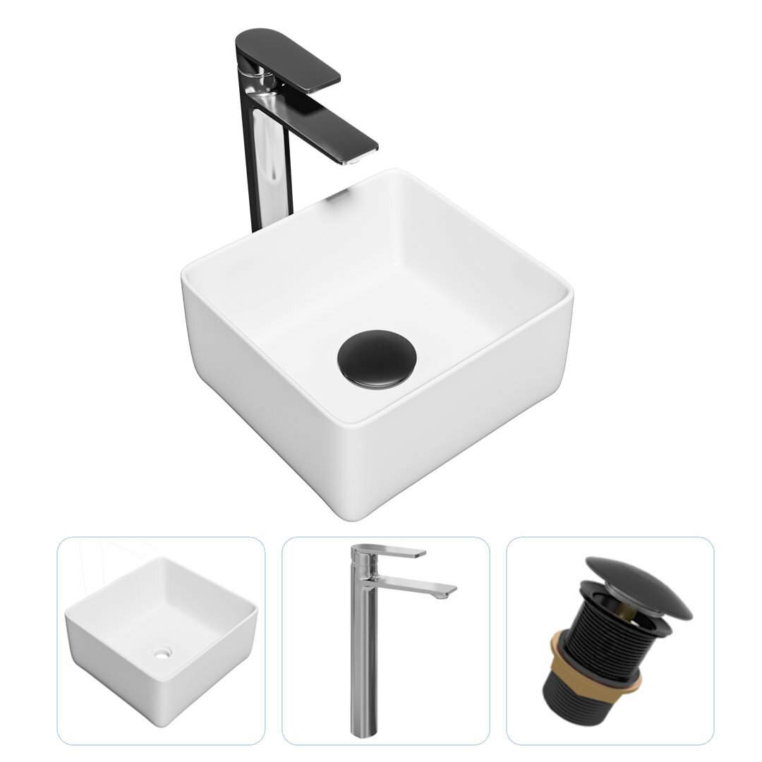 Раковина накладная для ванной Teymi Helmi Mini 24 в комплекте смеситель высокий хром и донный клапан клик-клак без перелива черный F01811