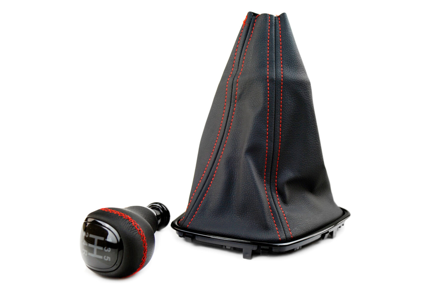 Ручка КПП Sal-Man в стиле Весты с черной лаковой вставкой и рамкой, пыльником и красной строчкой для Лада Приора 2 с тросовым приводом