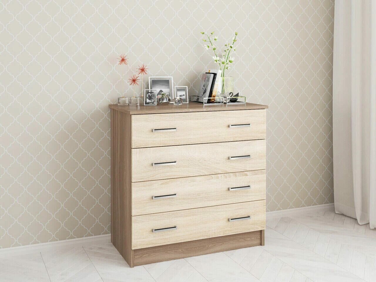 Комод «Катрин 3», 4 ящика, роликовые направляющие, ясень шимо/дуб сонома (820х435х810)