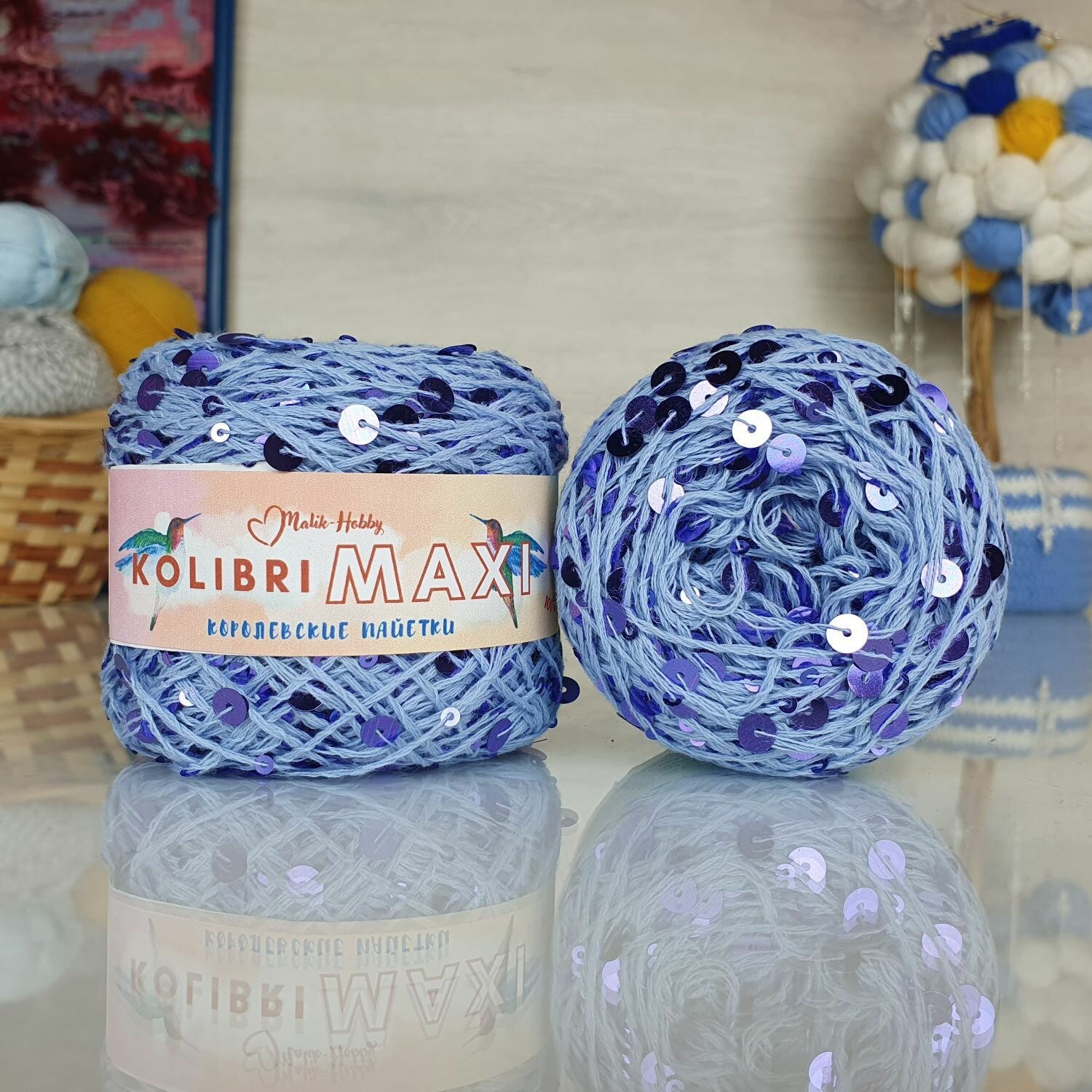 Пряжа MALIK HOBBY Колибри макси королевские пайетки, яр. голубой с блест. сиренев. пайет. - 149, 100% хлопок, 1 моток, 50 г, 125 м.