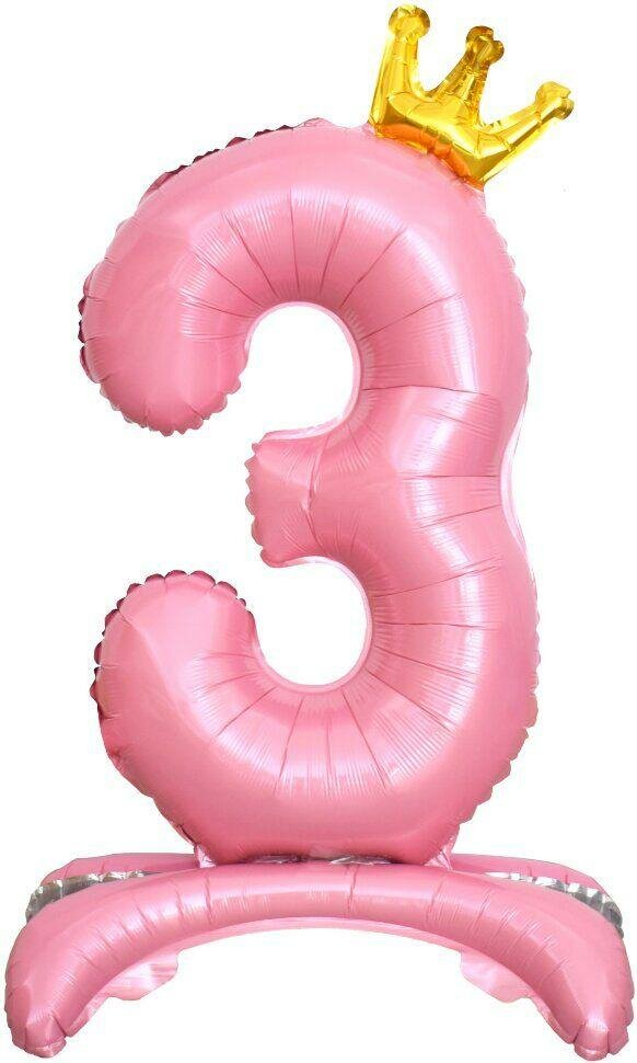 Шар (32'/81 см) Цифра, 3 Золотая корона, на подставке, Розовый, 1 шт. в упак.
