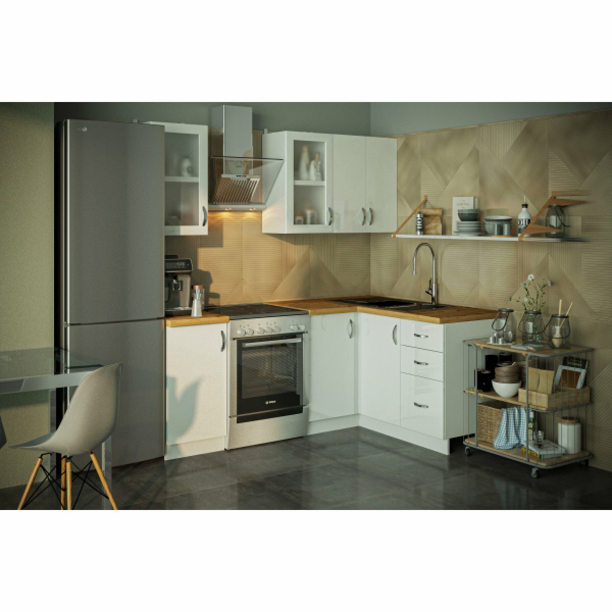 Модульная угловая кухня "Виола НЕО" 1,4*1,4м - Белый глянец, фрезеровка "Мыло"