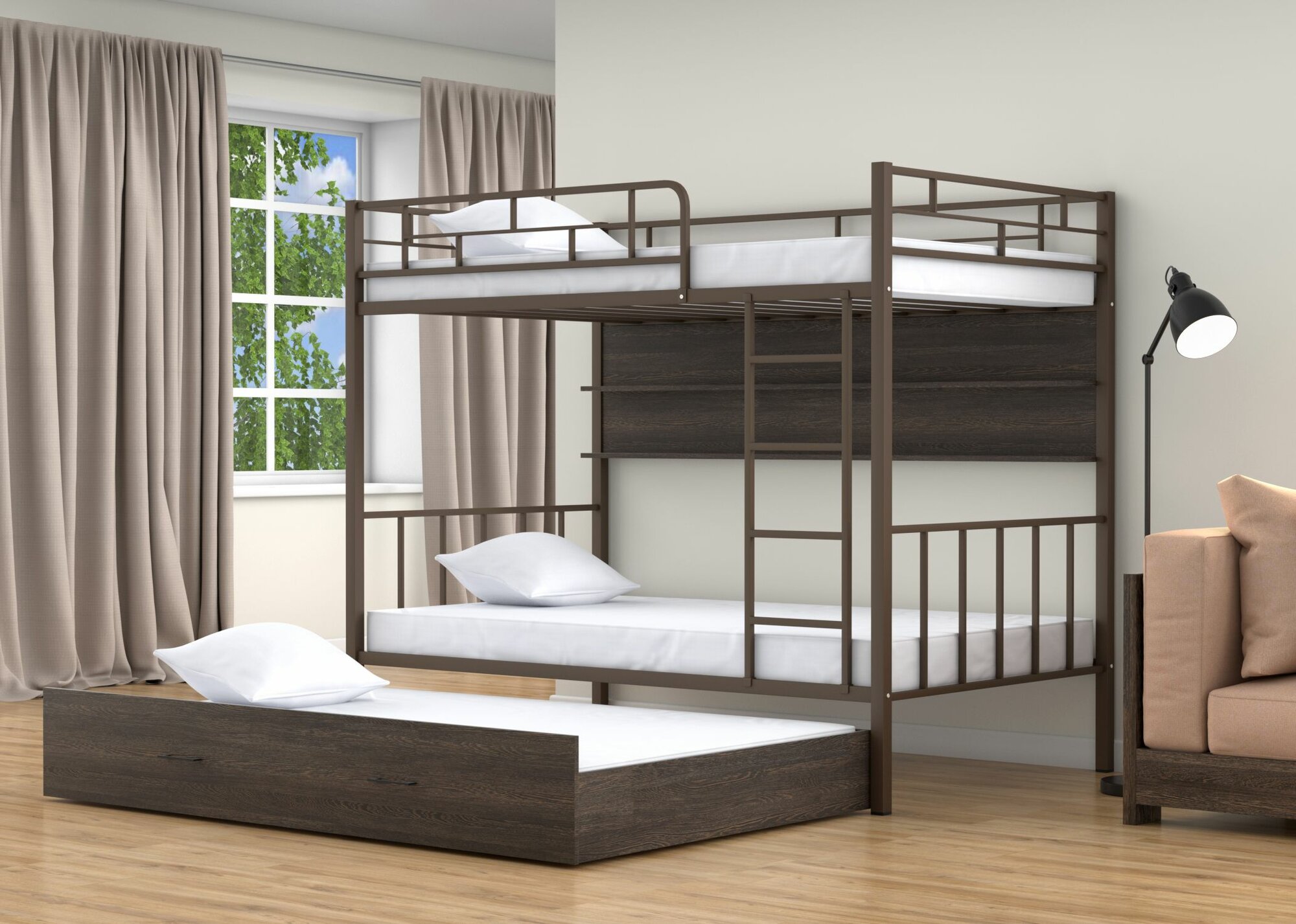 Двухъярусная кровать Валенсия 120 Выкатная с полкой Коричневый/венге