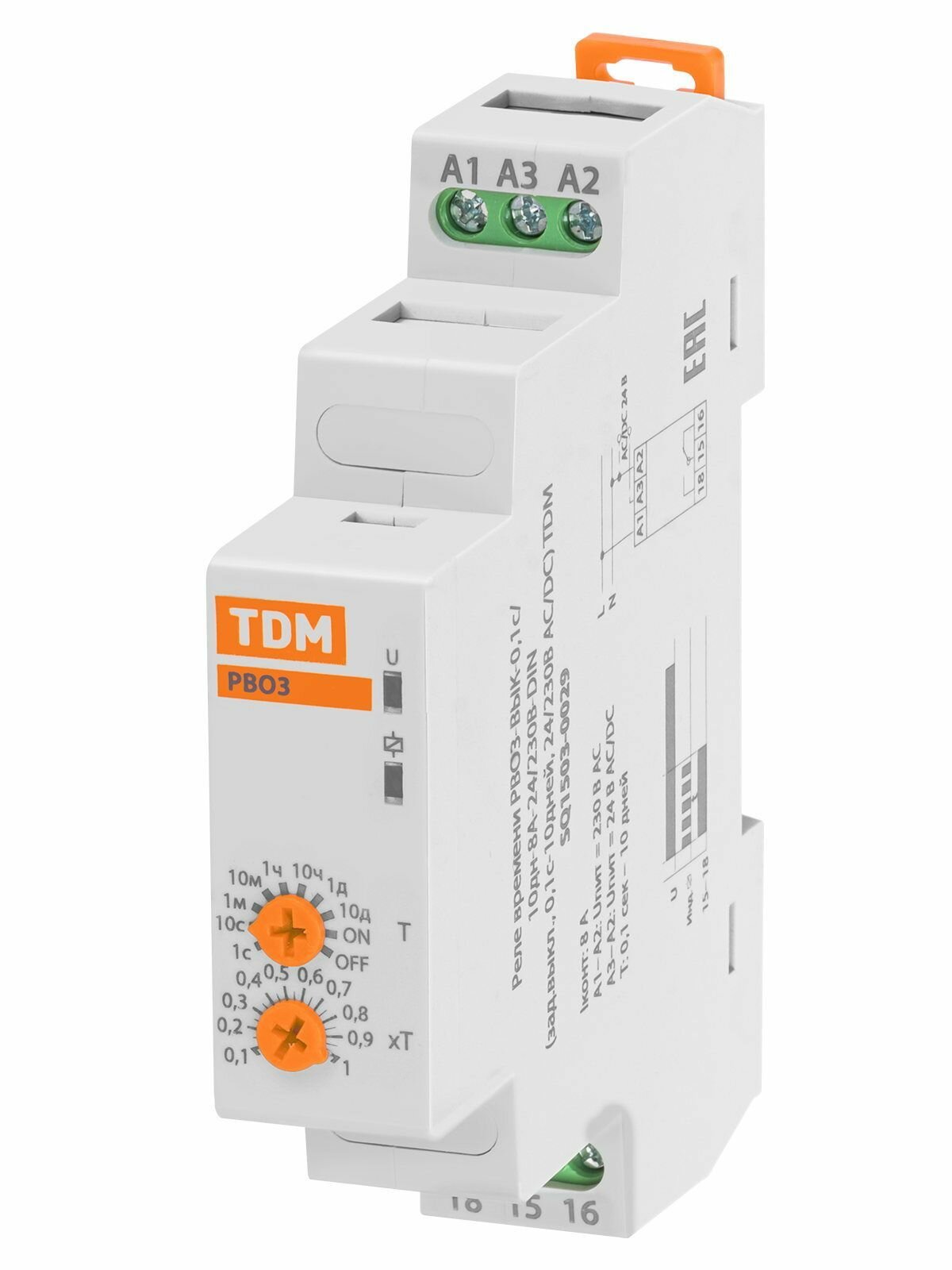 Реле времени РВО3-ВЫК-0,1с/10дн-8А-24/230В-DIN (зад. выкл, 0,1с-10дней, 24/230В AC/DC) TDM