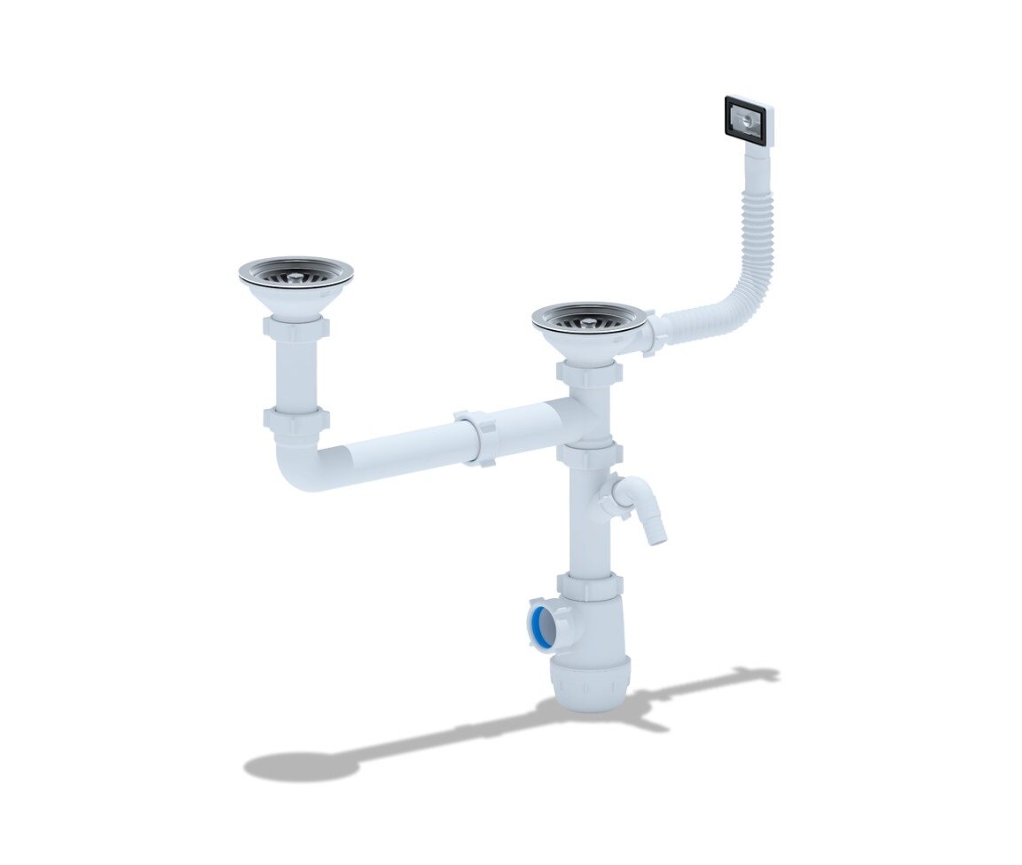 Сифон для двойной мойки АНИ пласт A7700S, 3 1/2"х40мм, разноуровневый, с гибким прямоугольным переливом, с отводами для бытовой техники