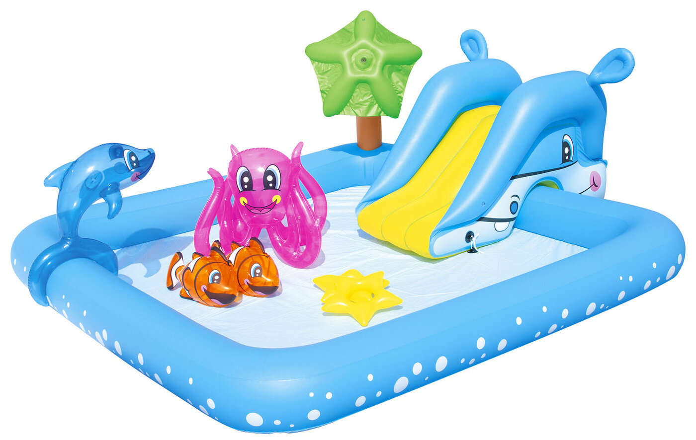 Детский надувной игровой центр Bestway "Аквариум", большой прямоугольный бассейн с водной горкой, распылителем воды и надувными игрушками, игровой комплекс для купания и плавания, 239х206х86 см
