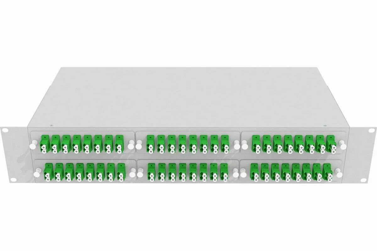 Кросс стоечный оптический VIMCOM 19' укомплектованный 2U, 48 портов SC/APC, 9/125 мкм (планки, сплайс-кассета, пигтейлы, адаптеры, КДЗС), серый