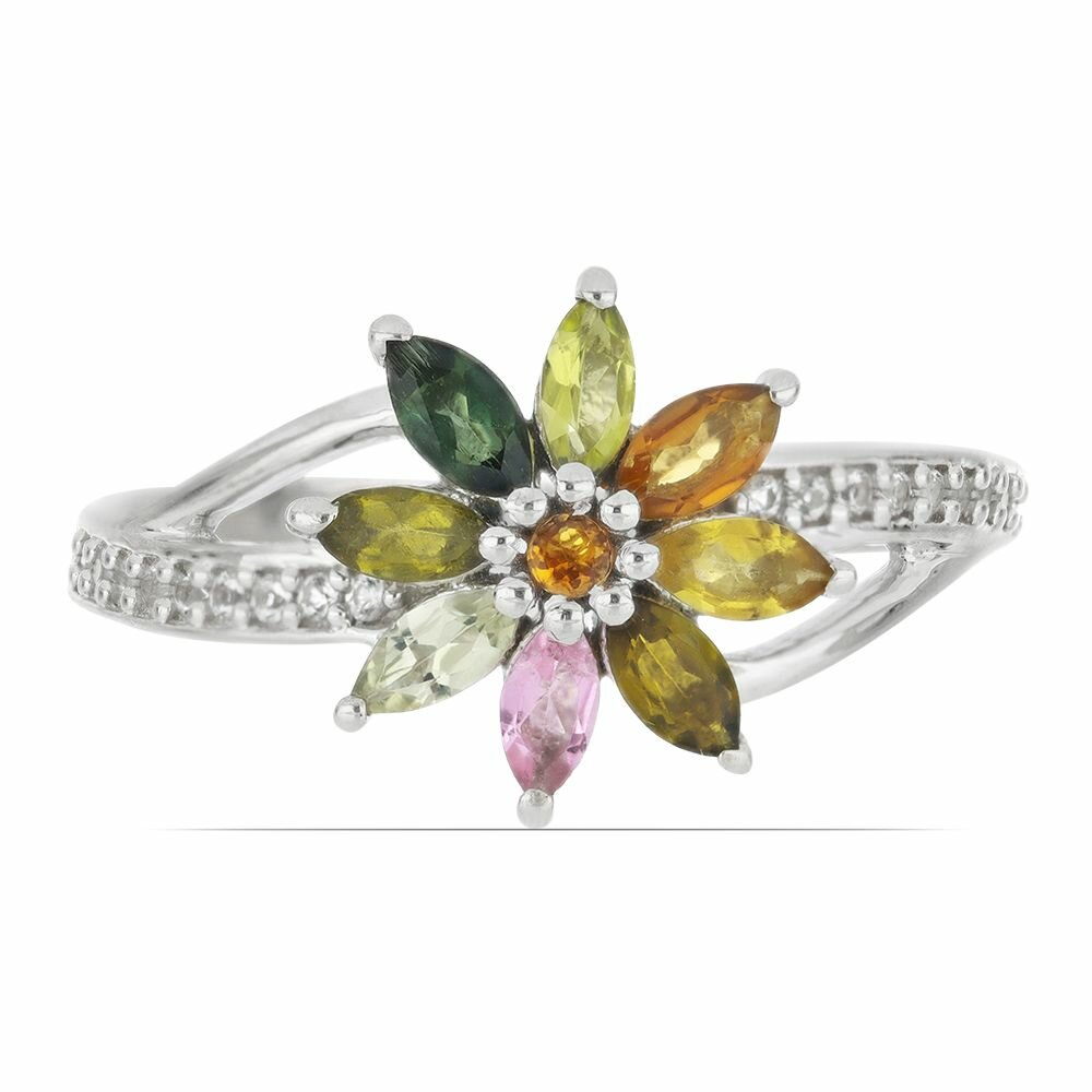 Кольцо тонкое, серебро, 925 проба, родирование, топаз, турмалин