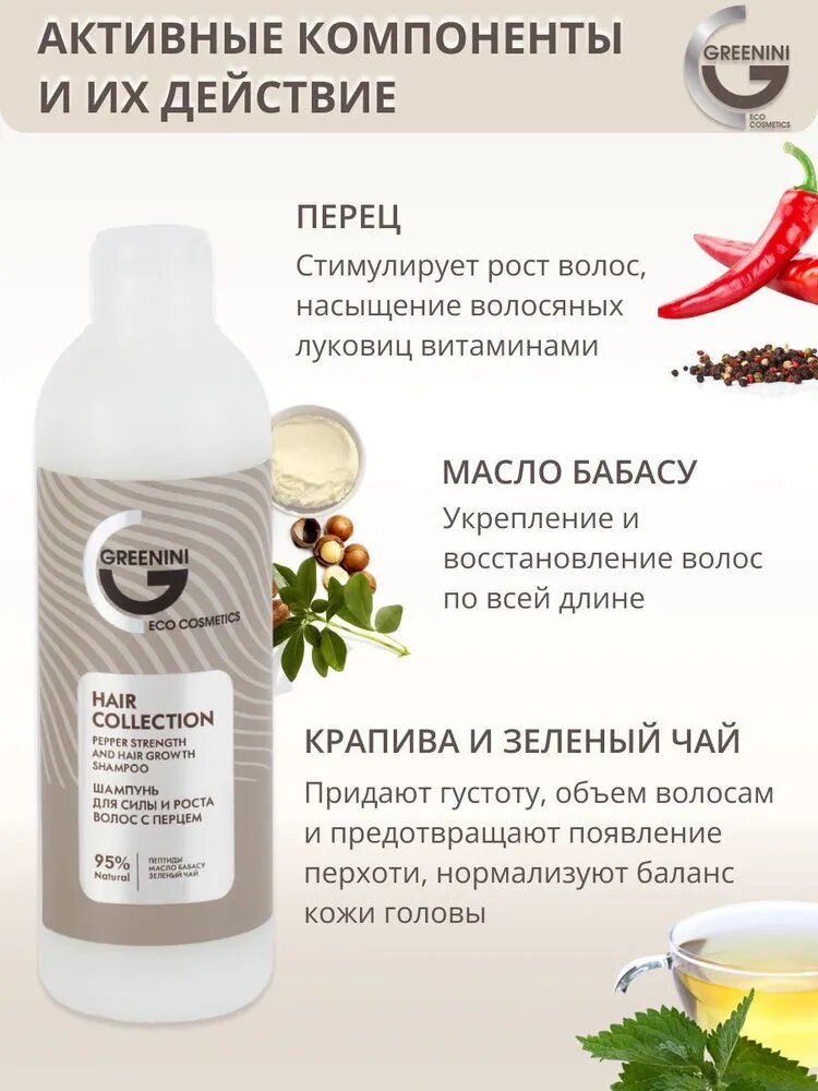 Greenini Hair Strength Шампунь для силы и роста волос с перцем , 315мл