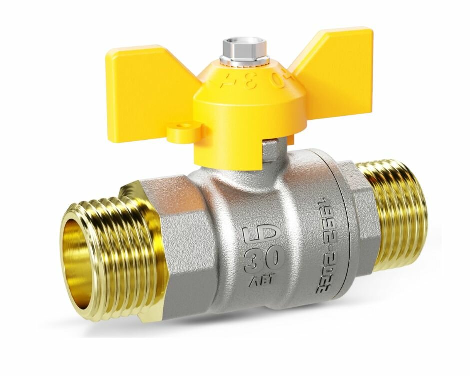 Кран шаровой латунь никель газ Pride Ду 20 Ру40 НР бабочка аналог 11б27п1 LD 47.20. Н-Н. Б