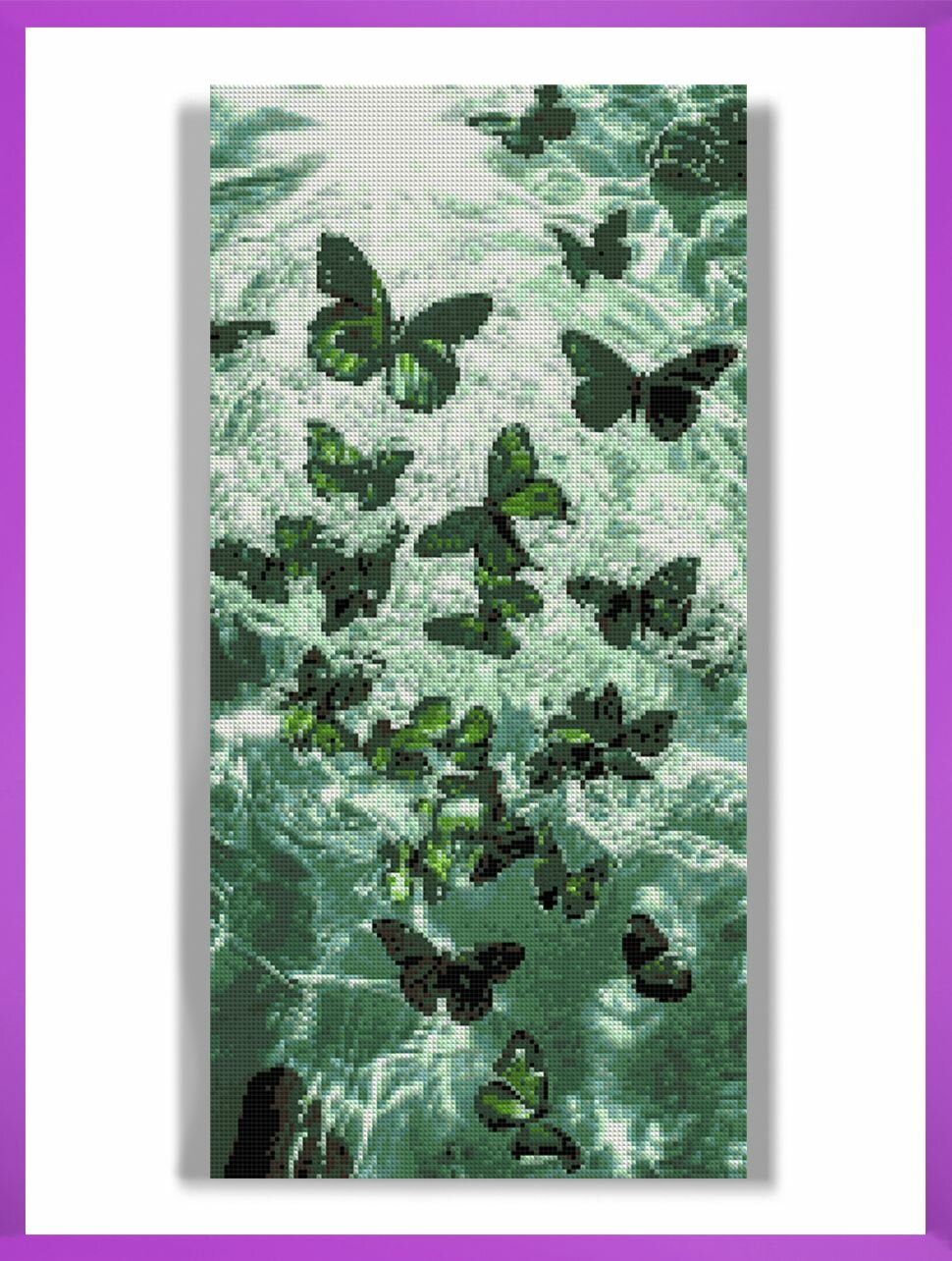 Алмазная мозаика на подрамнике - вышивка Изумрудные бабочки 30 х 60 см