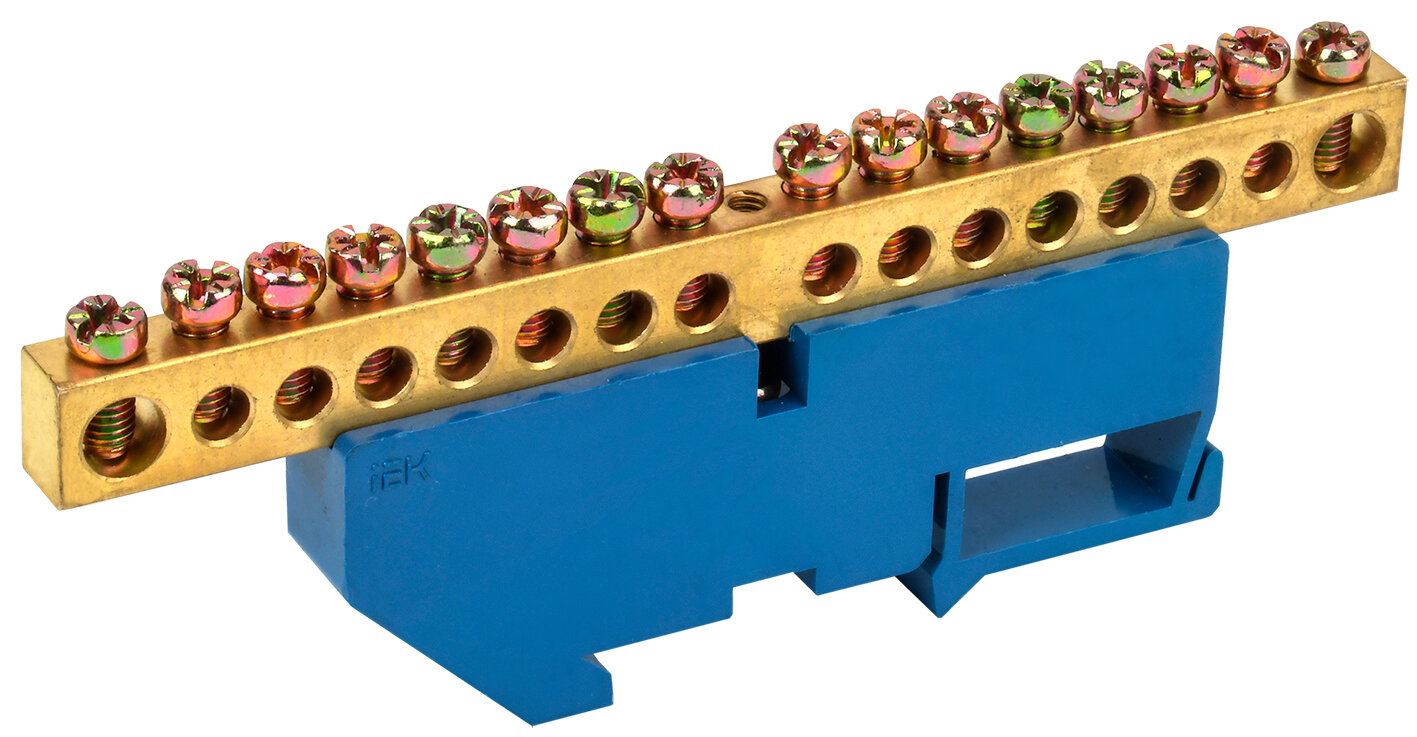 Шина IEK / ИЭК ШНИ-8х12-16-Д-С нулевая синий изолятор, контактная группа качественная латунь, 132х45.4х88.5мм, DIN-рейка, 1×16 125А, YNN10-812-16D-K07 / соединитель проводов