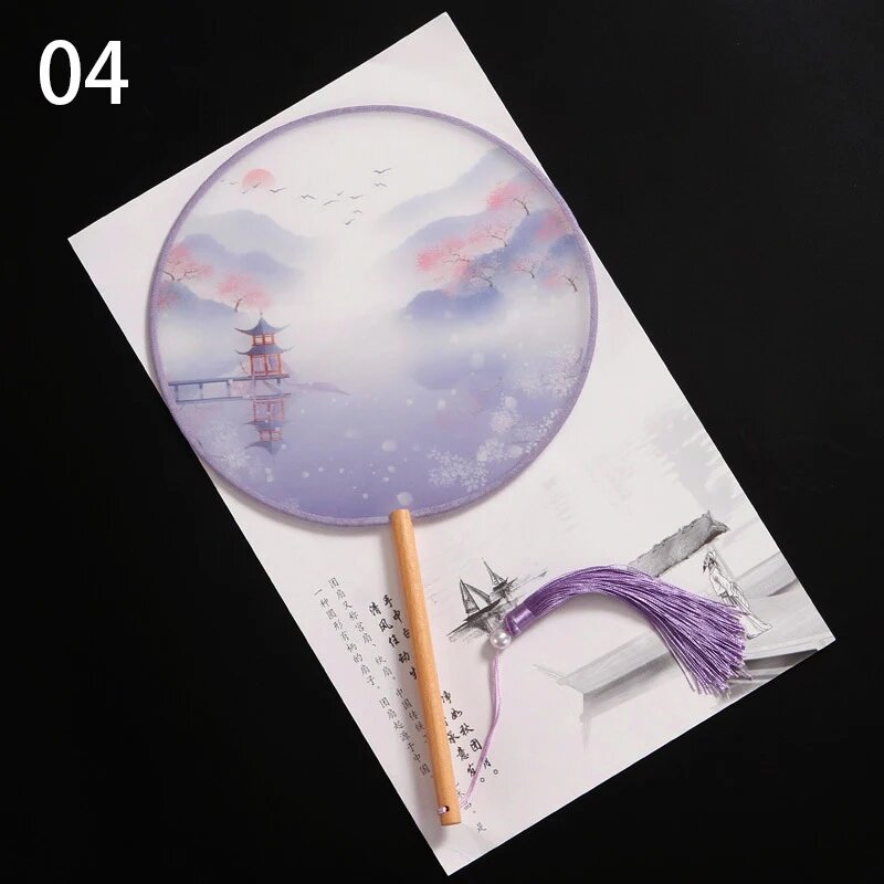 Ручной веер с принтом в древнем стиле, китайский шелковый круглый веер, летний веер с длинной ручкой и кисточкой для танцев, ханьфу, дворец, веер, аксессуар для свадебной вечеринки