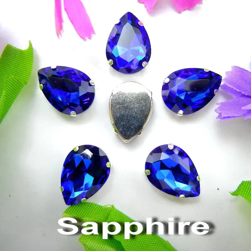 Стразы капли синие Sapphire, стекло, 7 размеров