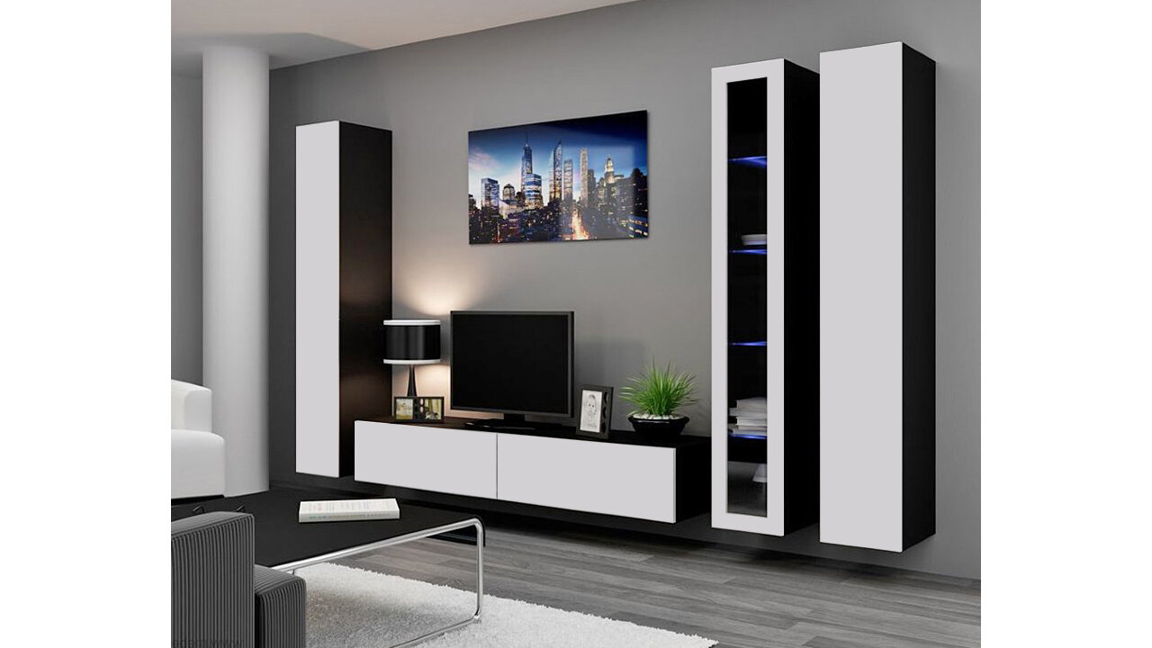 Гостиная Виго 2 Белый Фасадный 0101 / Черный 0190 NEW 300x42x180 см, белый фасадный, черный Дом мебели для вас