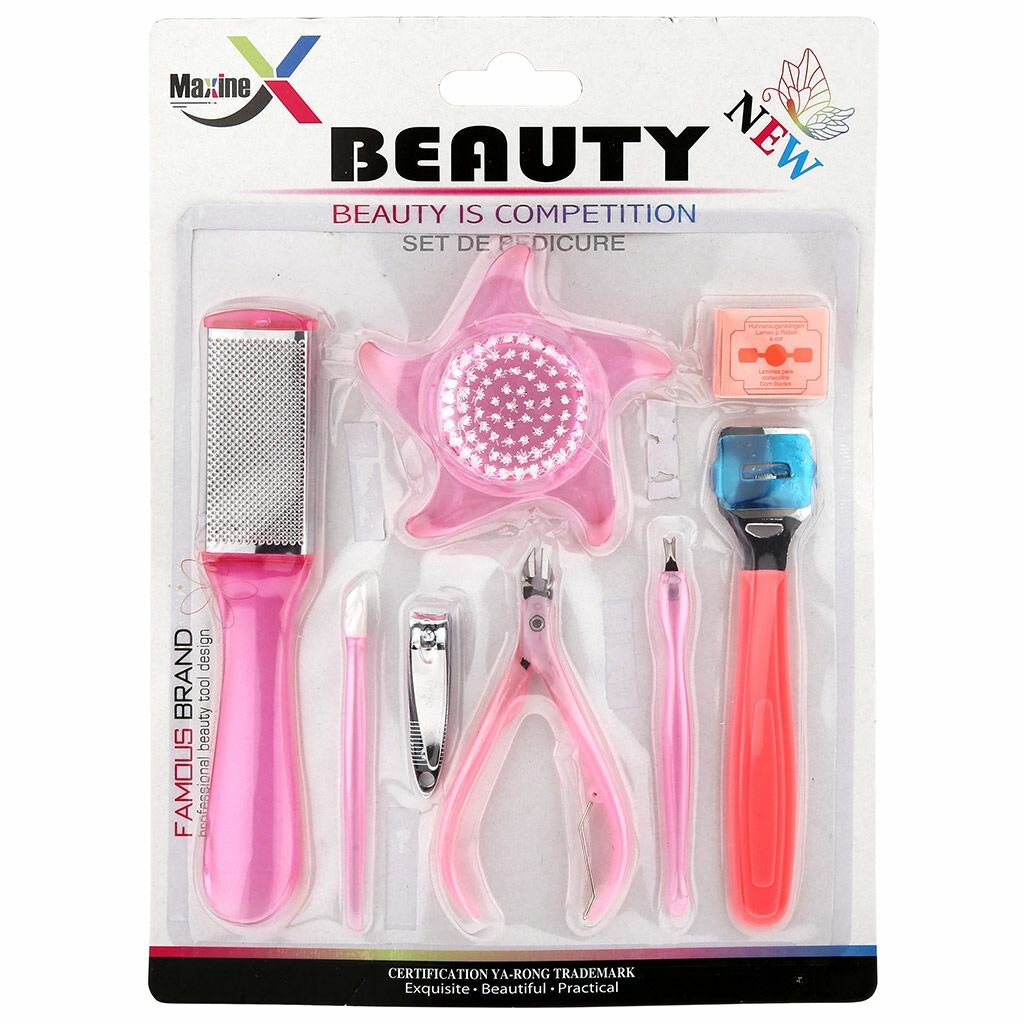 Педикюрный набор КНР 8 предметов: кусачки-книпсер, терка, станок с лезвием, сменные лезвия, триммер, кусачки-щипчики, пушер-лопатка (X-27)