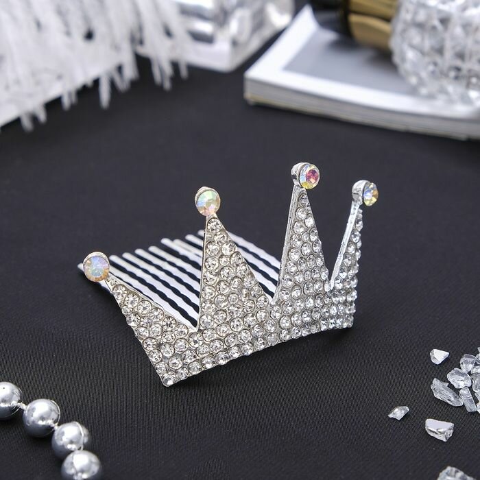 Диадема КНР "Королевская особа", стразы, для волос, 3,5х7,5 см, серебристая