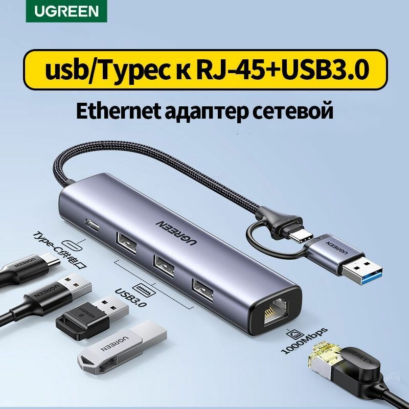 Ugreen Typec USB Hub Lan Adapter/ Сетевая карта Typec USB / Ethernet адаптер сетевой/ RJ-45 переходник LAN Интернет 1000 Мбит/с