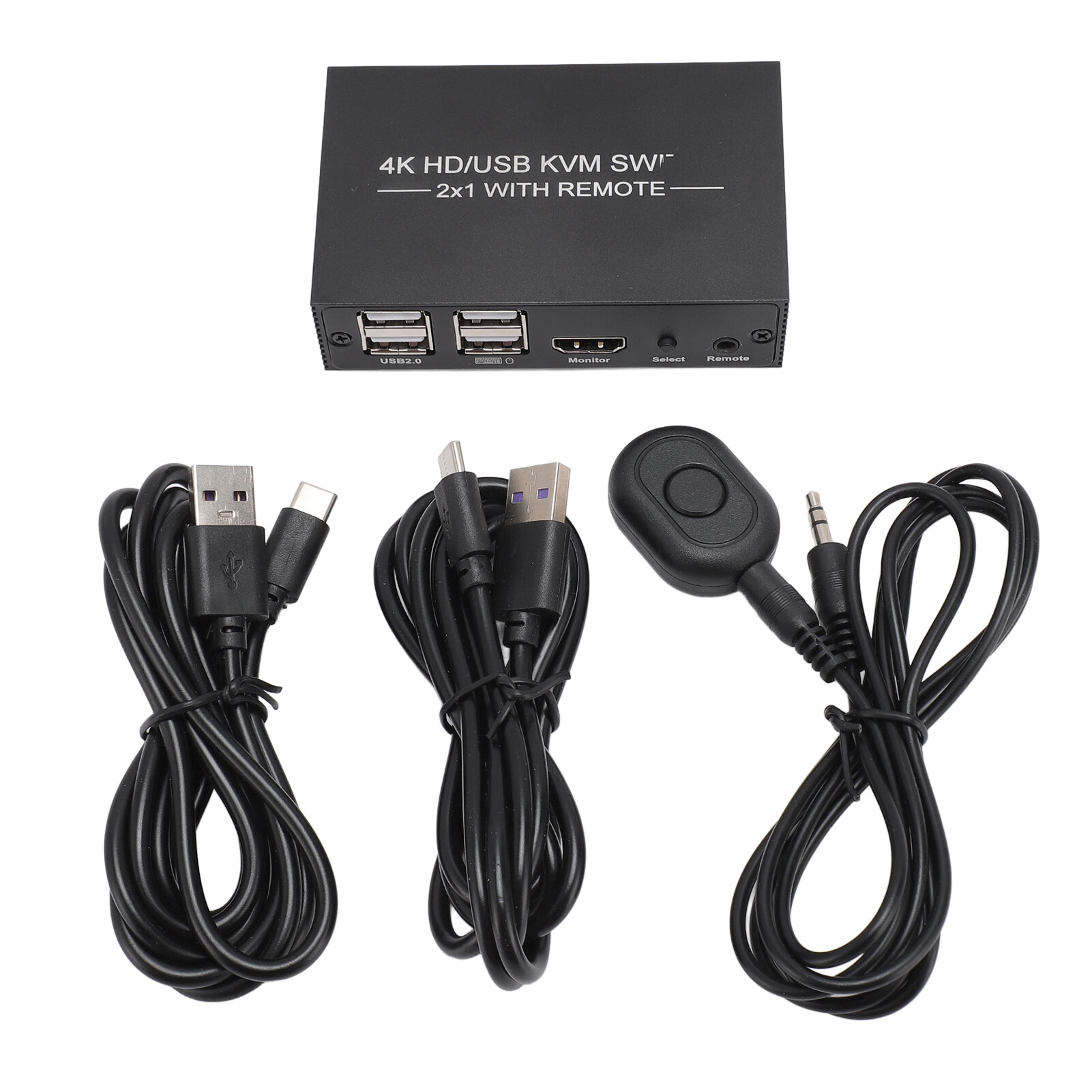 KVM-коммутатор, 4 порта, USB 2.0, 1 дисплей, 2 компьютера, поддержка 4Kx2K HD Multimedia Interface, с 2 USB-кабелями.