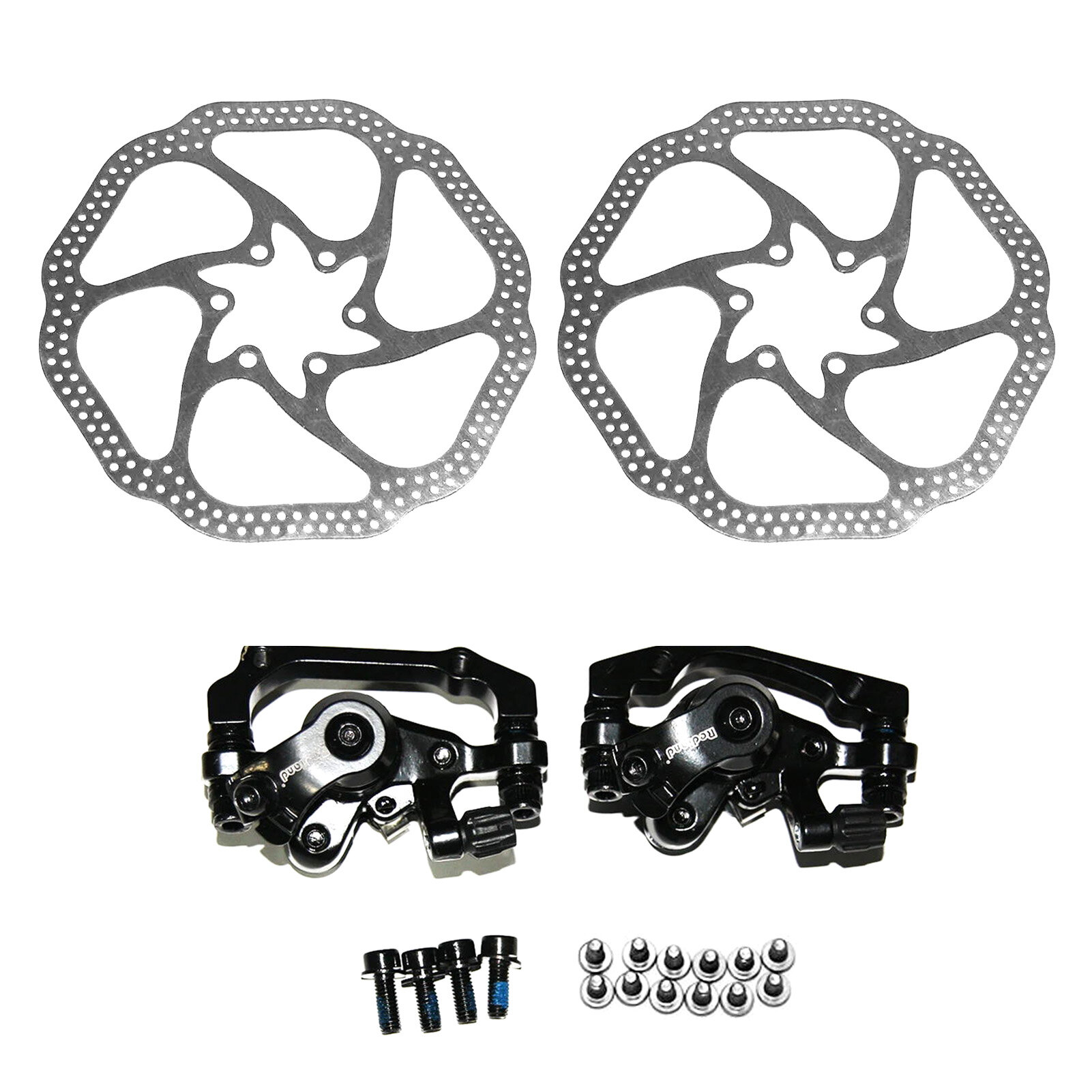 Комплект дисковых тормозов для горного велосипеда. Передний и задний суппорт с ротором 160 мм. Прочная гидравлическая тормозная система для горного велосипеда.