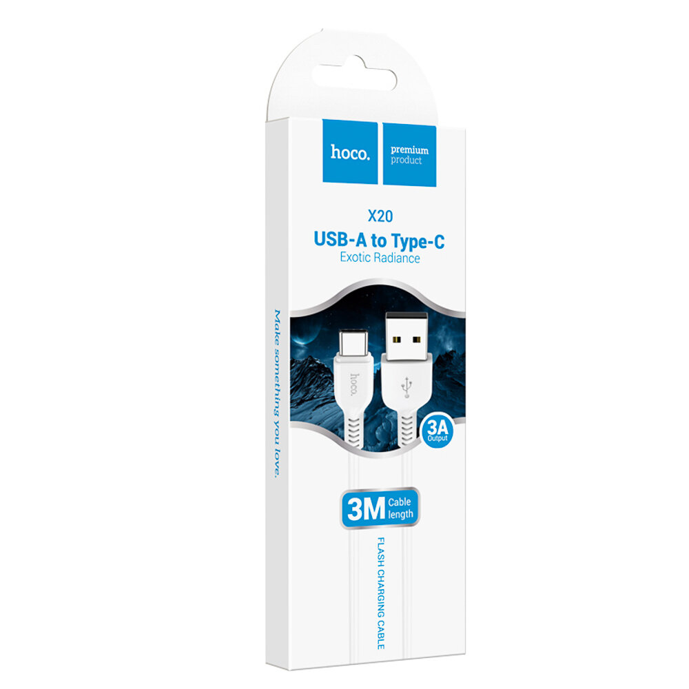 Кабель USB - Type-C, HOCO, X20, 3M, белый , 3а силиконовый премиум