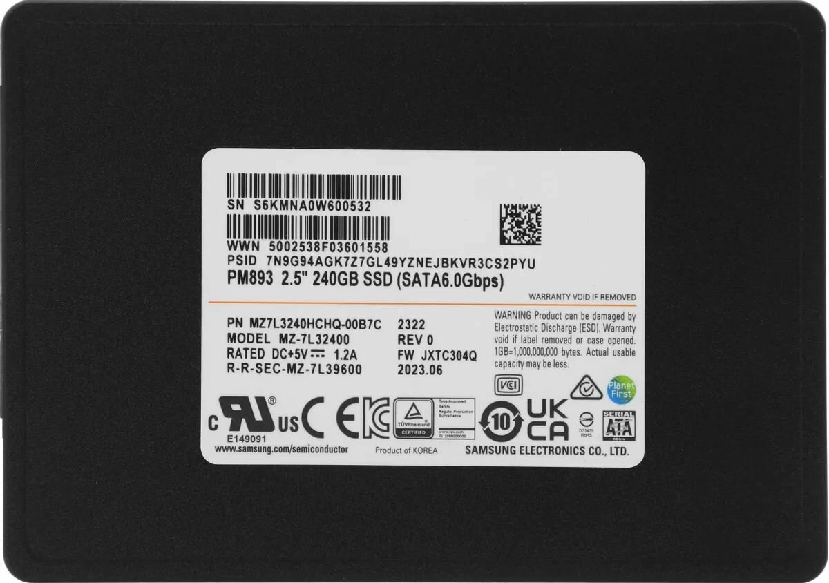 Накопитель SSD Samsung SATA-III 240GB MZ7L3240HCHQ-00B7C PM893 2.5" 1 DWPD