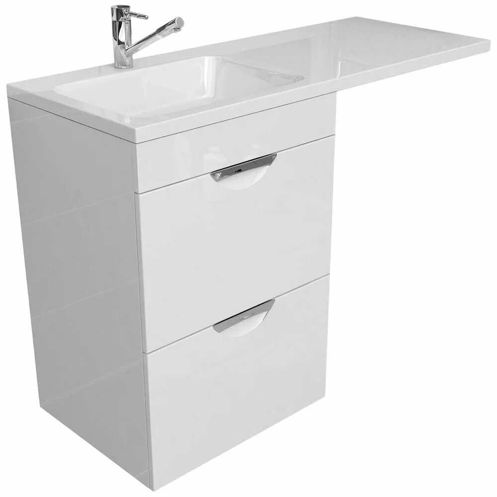 Тумба с раковиной Emmy Милли 120 под стиральную машину, напольная, 120 см, белая, глянцевая, из МДФ, с ящиками, раковина для ванной, из искусственного мрамора, прямоугольная