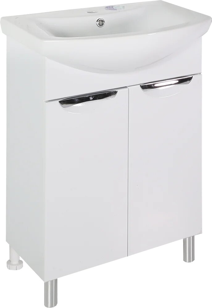 Тумба с раковиной ASB-Mebel Мессина 60/2 напольная, 61 см, белая, глянцевая, из МДФ, с дверками, раковина для ванной фарфоровая, полукруглая, встроенный слив-перелив