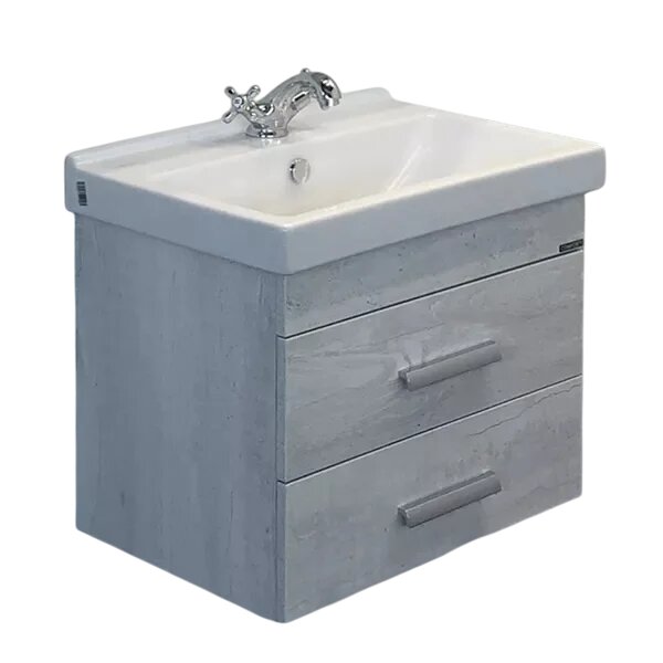 Тумба с раковиной Comforty Никосия 60П подвесная, 60 см, светлое дерево, матовая, с ящиками, раковина для ванной, фарфоровая, прямоугольная