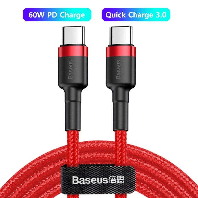 DAMUCN Baseus 100 Вт USB C к USB Type C Кабель для Macbook iPad 60 Вт USBC PD Шнур Quick Charge 4.0 Зарядное устройство TypeC Кабель для Xiaomi Samsung, 60W Red, 2m
