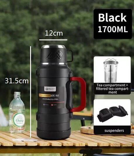 Большой термос из нержавеющей стали -1,7 л/2,5 л/4 л, подходит для путешествий, кемпинга - 2,5 л, сверхбольшой вакуумный изоляционный материал, 1.7-4L, Черный