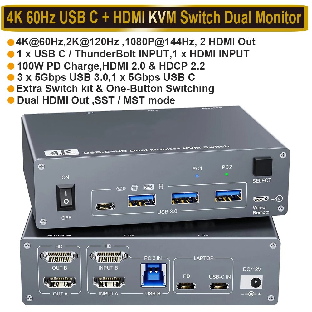 Navceker Thunderbolt 3 USB C HDMI KVM-переключатель USB C HDMI 2 Monitor