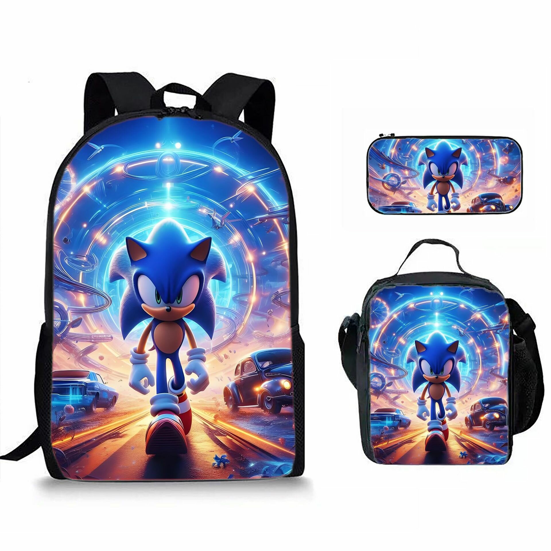 Новый детский рюкзак Sonic большой вместимости для учеников начальной школы, набор из трех предметов с сумкой для еды, легкий дорожный рюкзак
