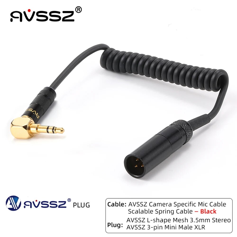 AVSSZ Пружинный кабель 3,5 мм jack - mini XLR Mesh3.5-mini M-Black, S Size 18-48CM