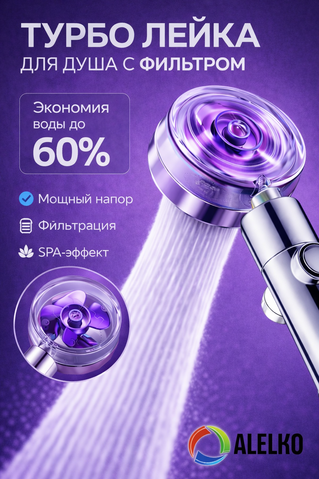 Лейка для душа ALELKO, турболейка с вентилятором и фильтром, душевая насадка массажная, фиолетовая