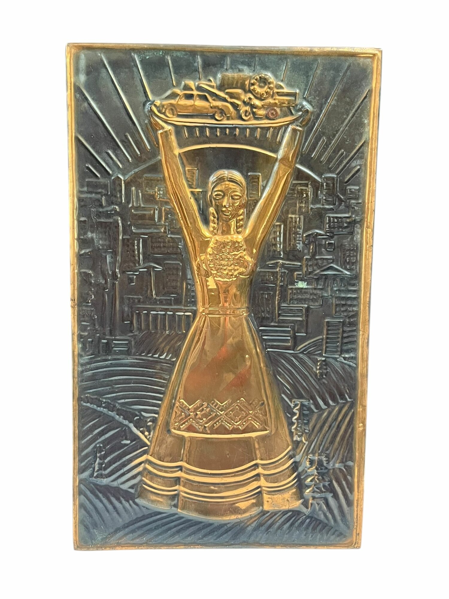 Советская медная чеканка, панно, картинка, Удмуртка, ижевчанка, автоваз, ИЖ мото, сделано в СССР