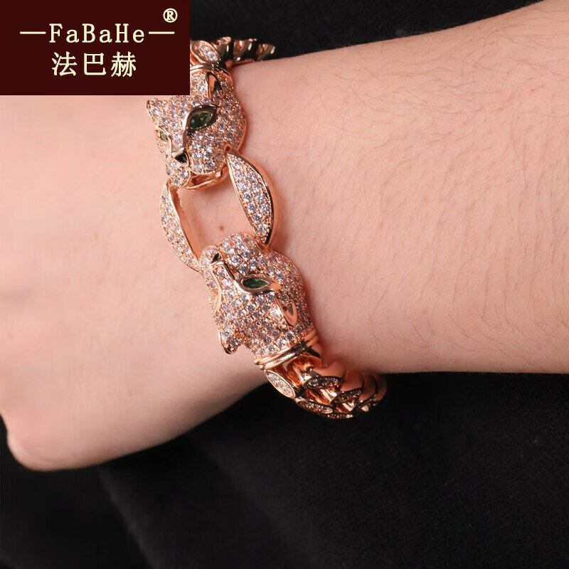 Светлый роскошный браслет Fabach с бриллиантами и двойной головой леопарда, мужской платиновый браслет с хвостиком из розового золота, длина 19,5 см