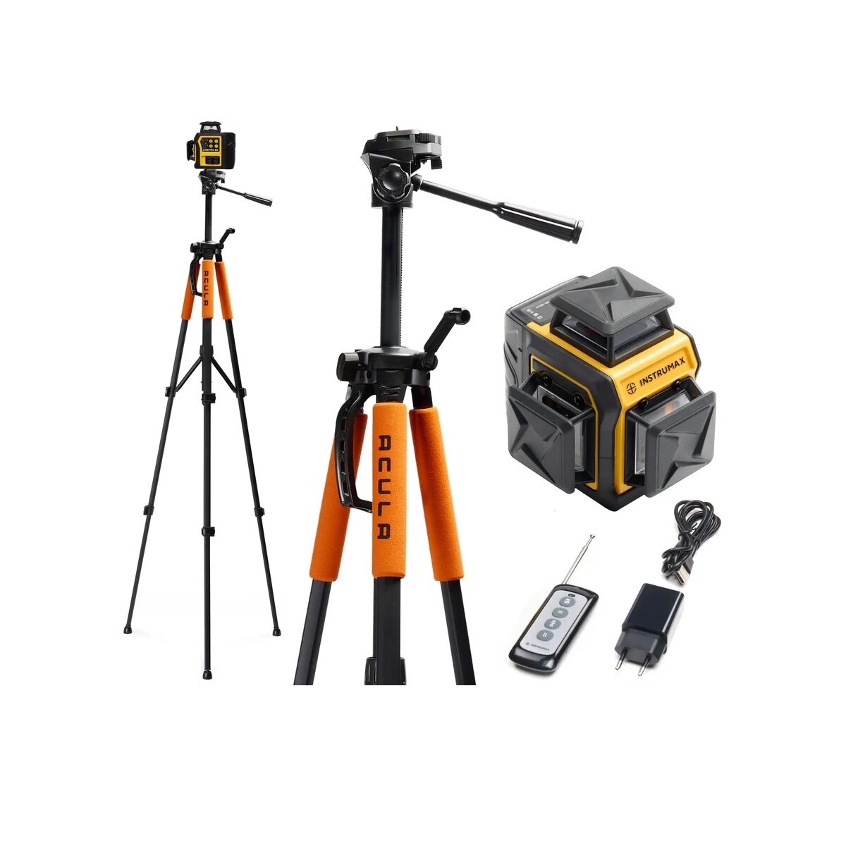 Профессиональный лазерный уровень INSTRUMAX Комплект LINEPRO 3D BAZA SET + Штатив (для лазерного уровня, усиленный, подъемный механизм, ¼ дюйма) ACULA