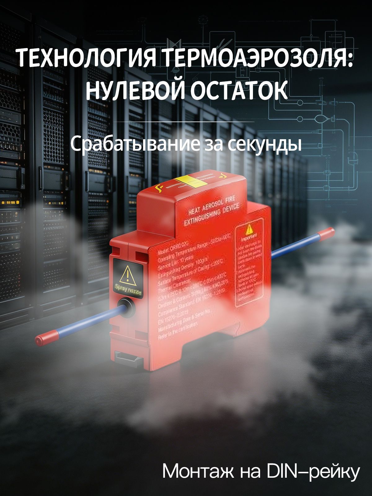 Автоматическое тепловое аэрозольное устройство пожаротушения, монтаж на DIN рейку, самосрабатывание при нагреве, для электрических щитов, аккумуляторных ящиков, автомобильных двигателей