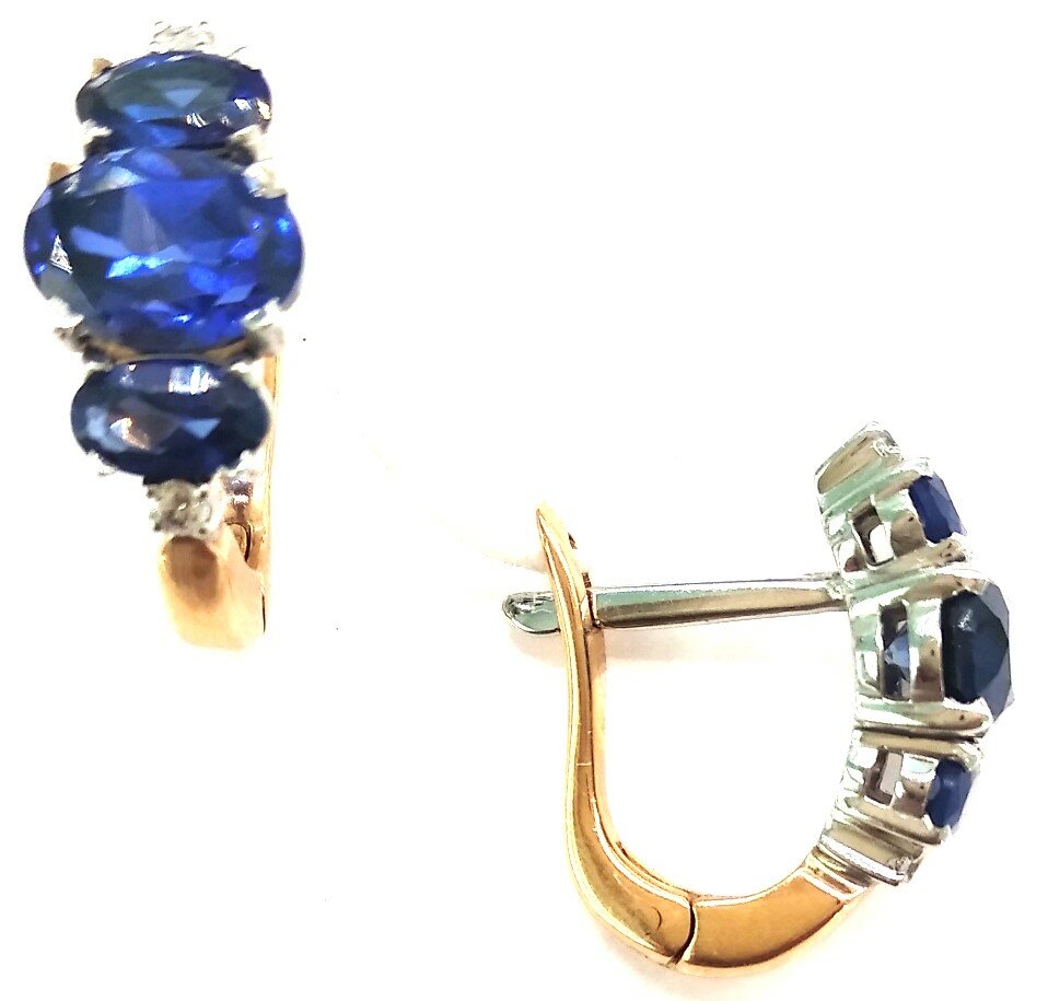 Серьги, комбинированное золото, 585 проба, корунд, фианит